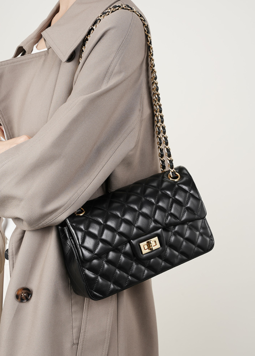 Elegant Black Quilted Leather Shoulder Bag - Leather Bag 003